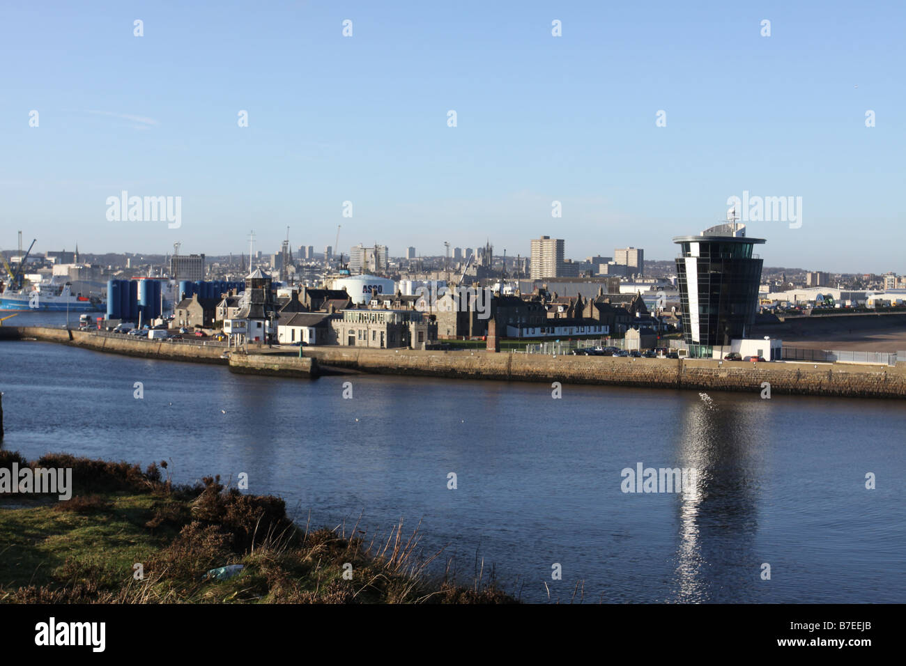 elevated view of control tower and entrance to Aberdeen Harbour ...
