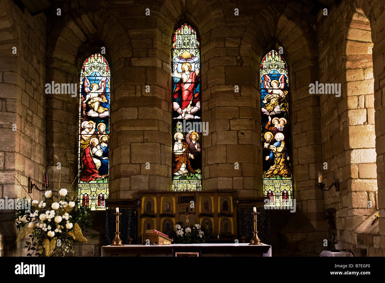 Stained glass of Parish Church of St Mary, Holy Island Stock Photo - Alamy
