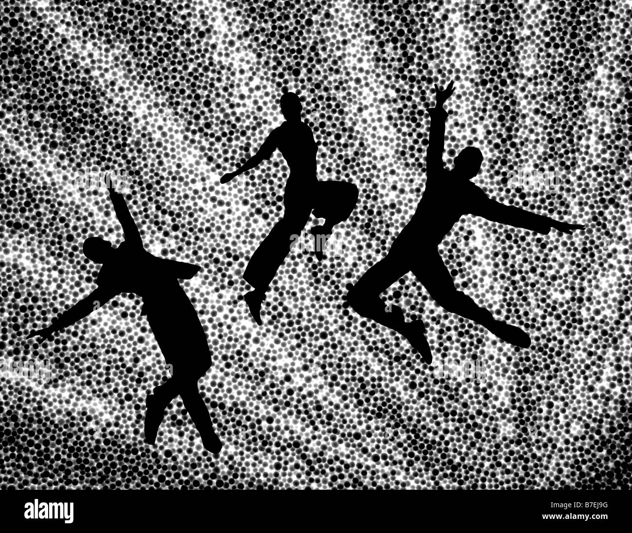 Dancing silhouette of three figures on a bottom dots, movement, idea ...