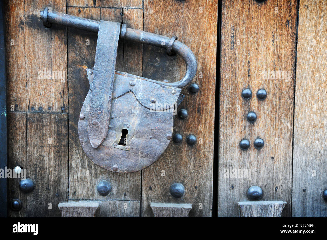 An ancient lock on a house door in La Candelaria -- a colonial era ...