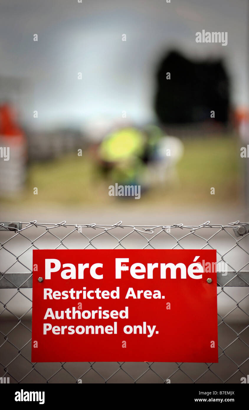 Park Ferme sign to motor race track Stock Photo - Alamy