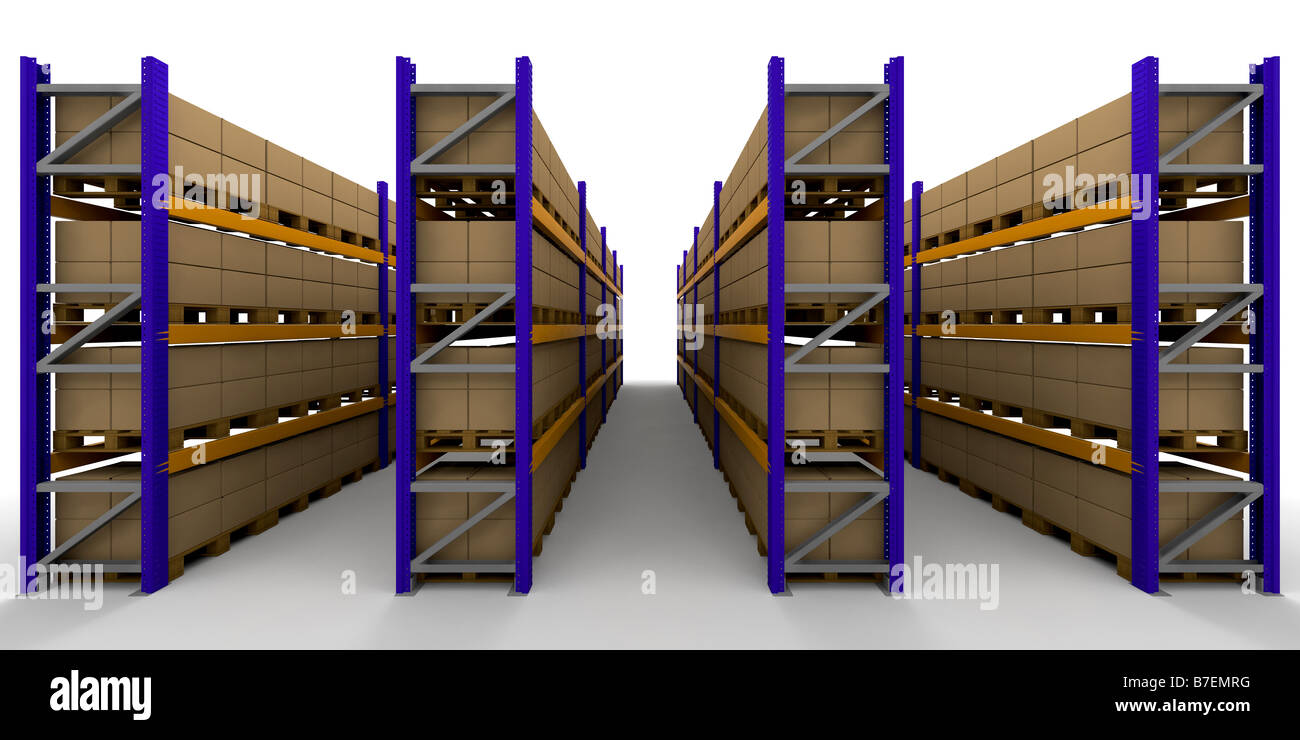 3D render of racking full of boxes Stock Photo - Alamy