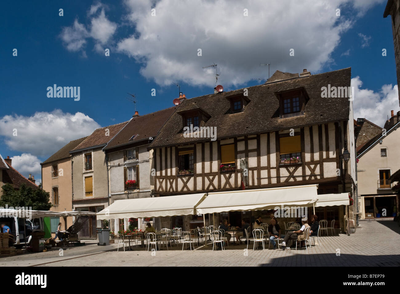 Half timbered building and cafe Nolay France la Cote D or Stock Photo ...