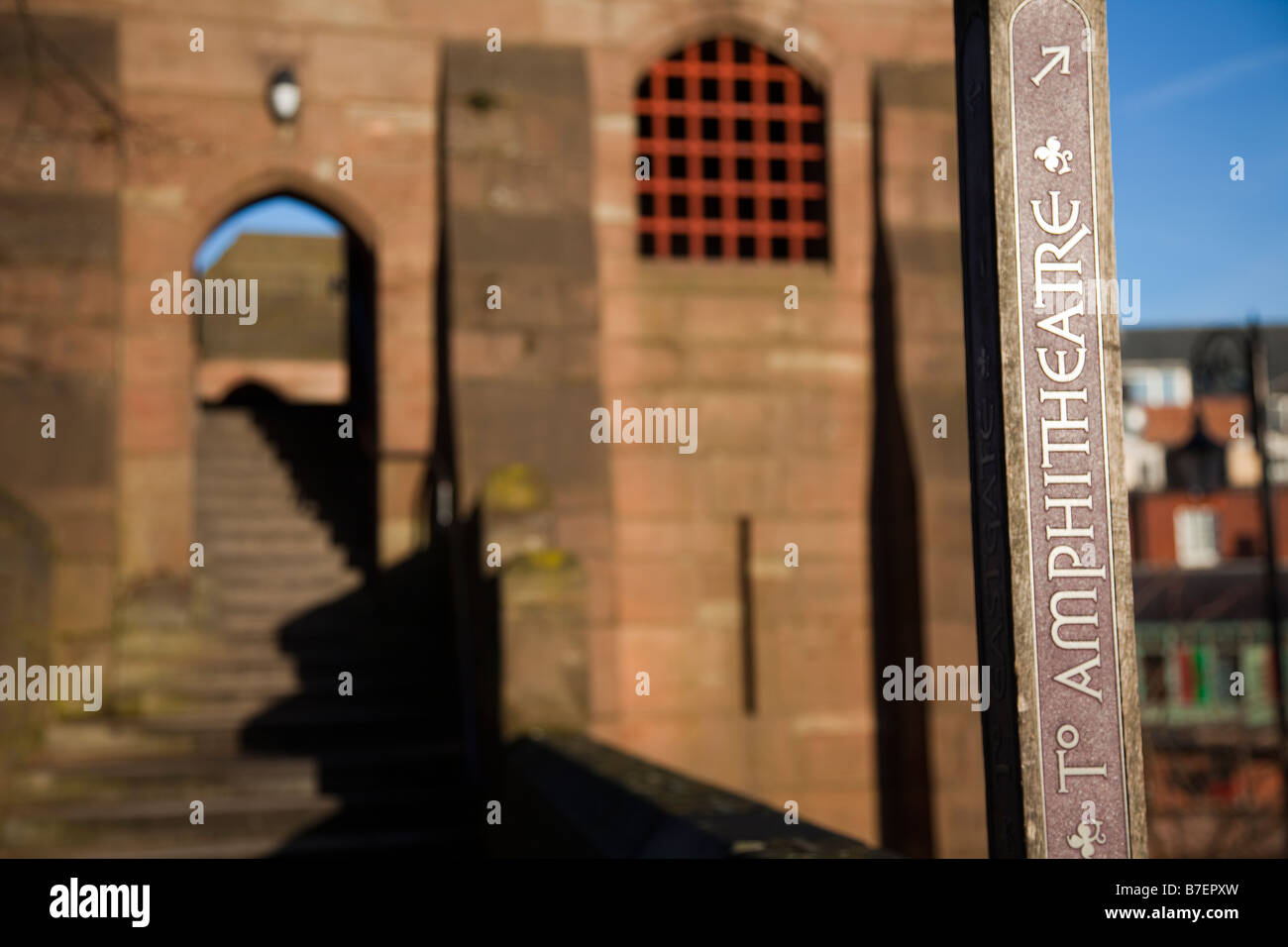 A sign showing the way to the Chester Roman Amphiteatre in the city of ...