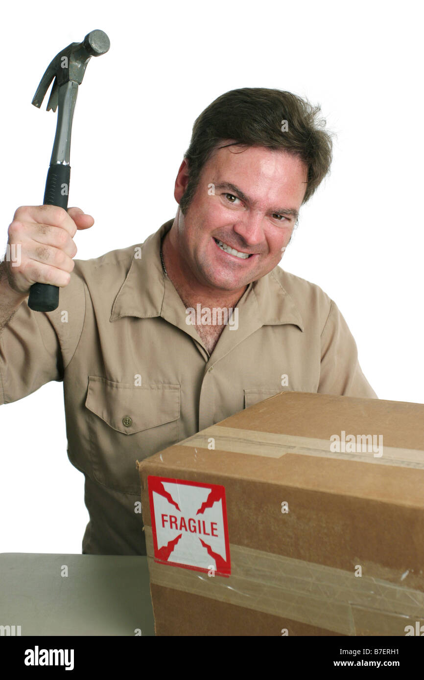 A postal worker getting ready to smash a fragile package with a hammer ...
