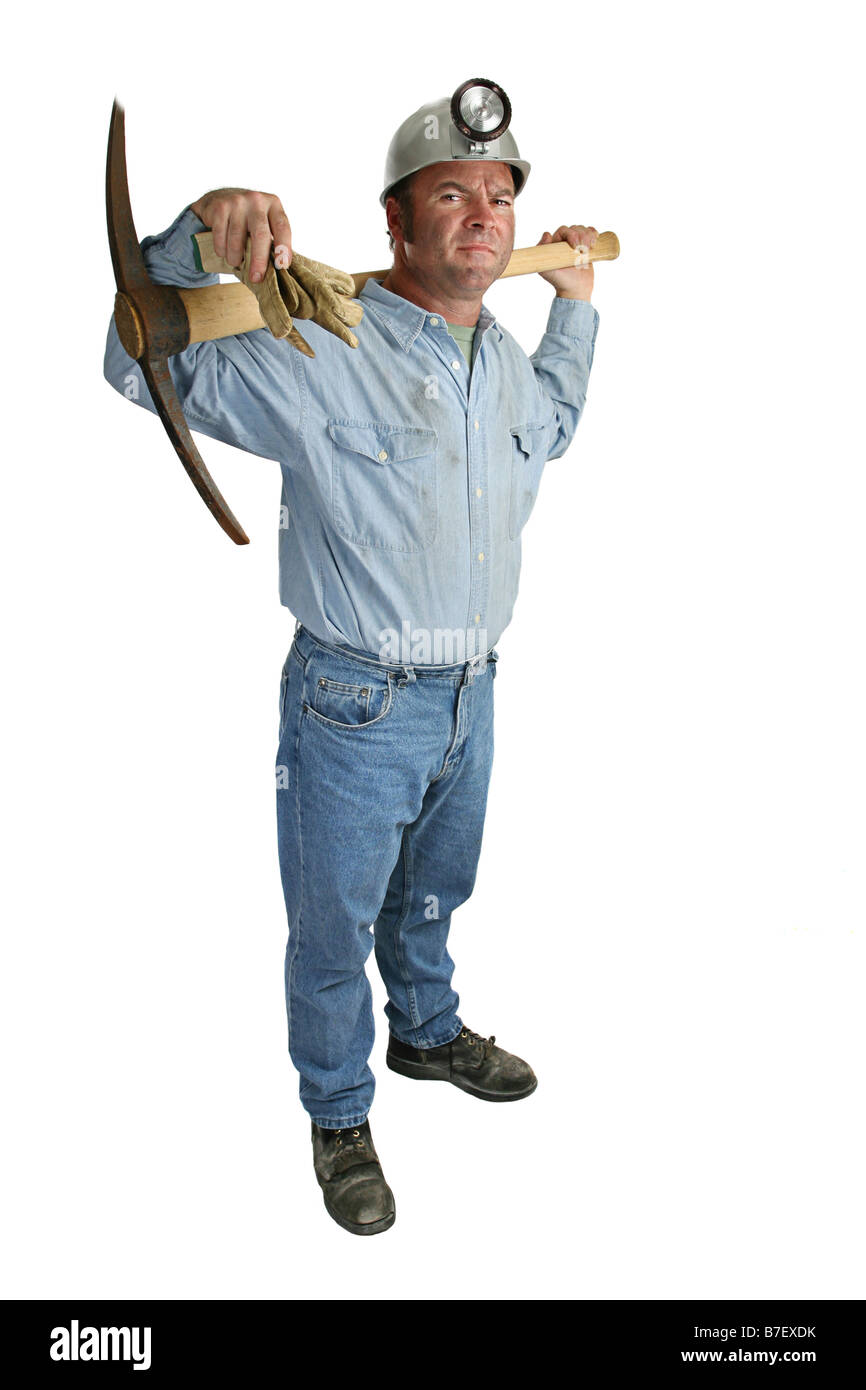 A full view of a coal miner holding a pickax on his shoulders isolated ...
