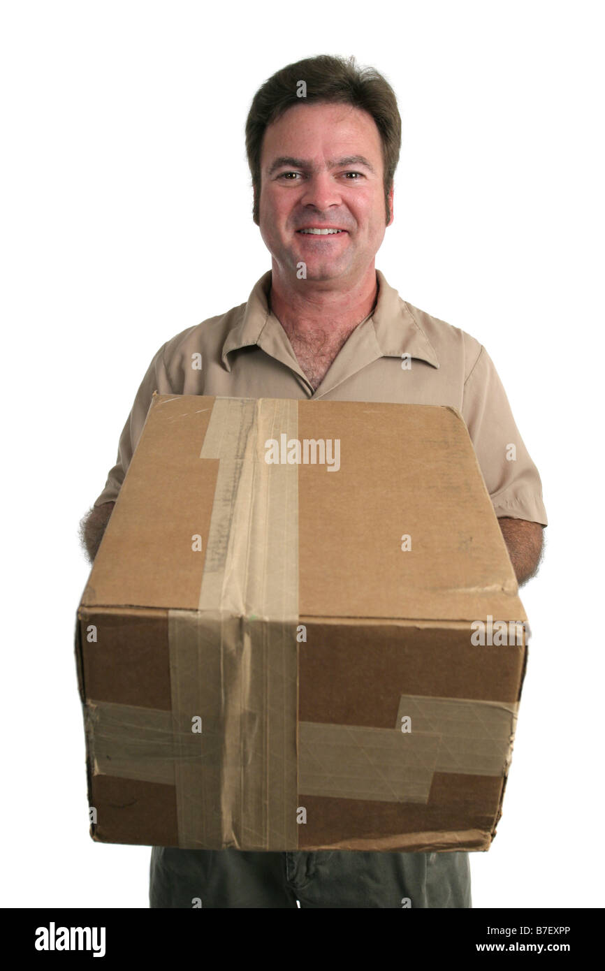 a friendly delivery man bringing a package isolated Stock Photo - Alamy