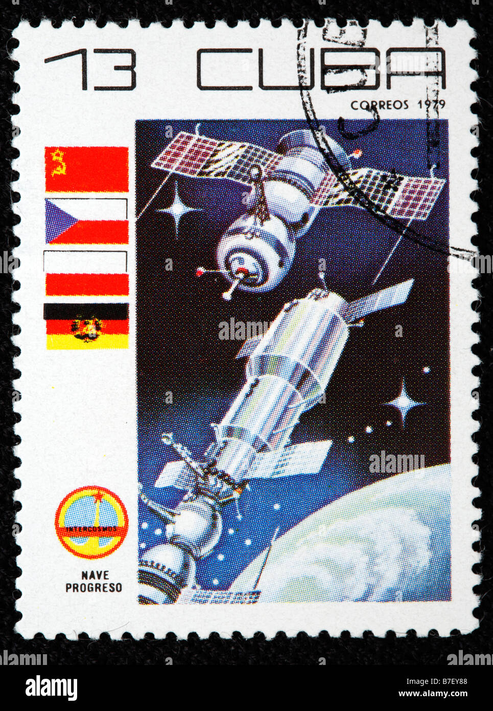 Soviet space orbital station "Progress", postage stamp, Cuba, 1979 ...