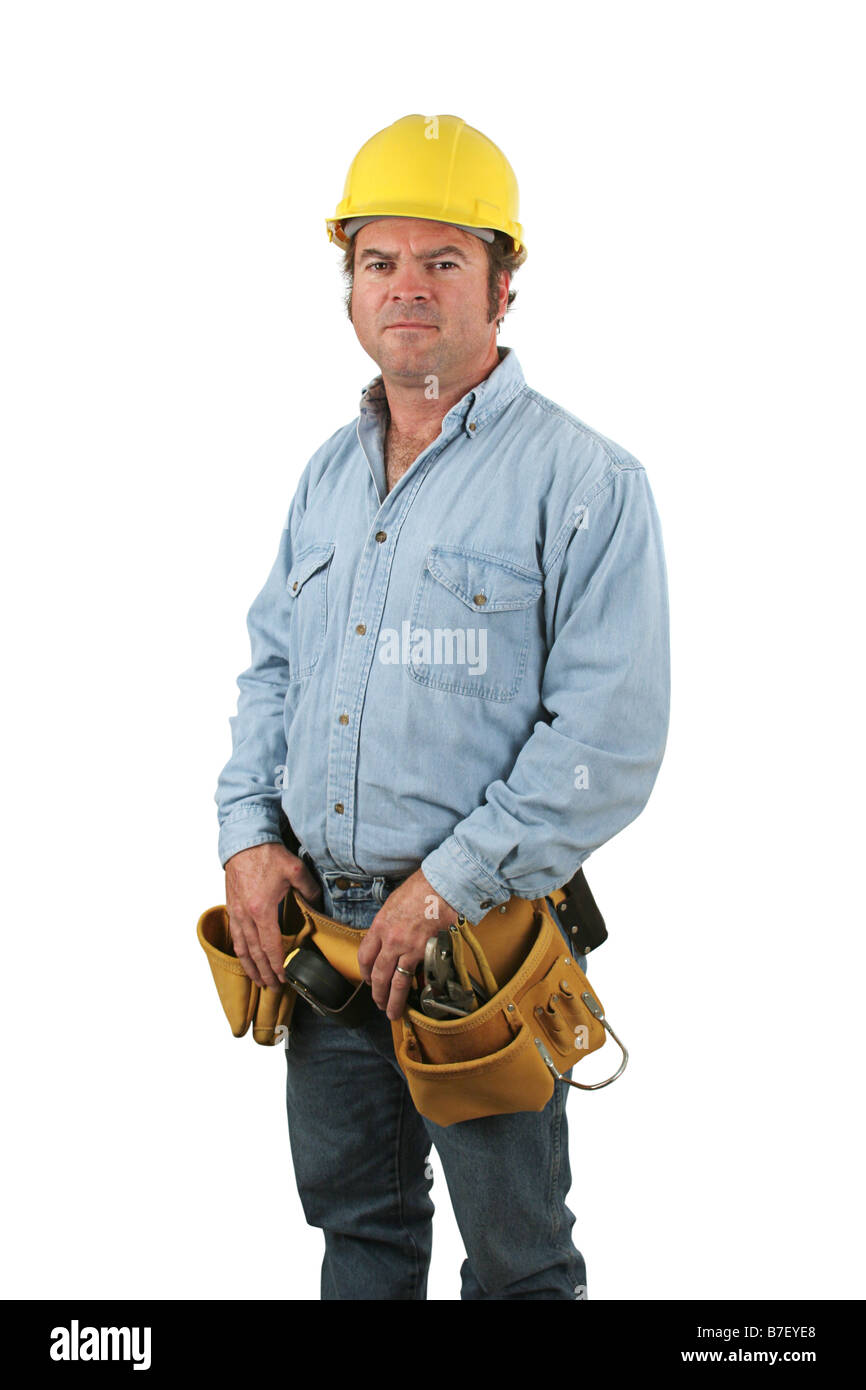 A blue collar construction worker isolated on white Stock Photo - Alamy