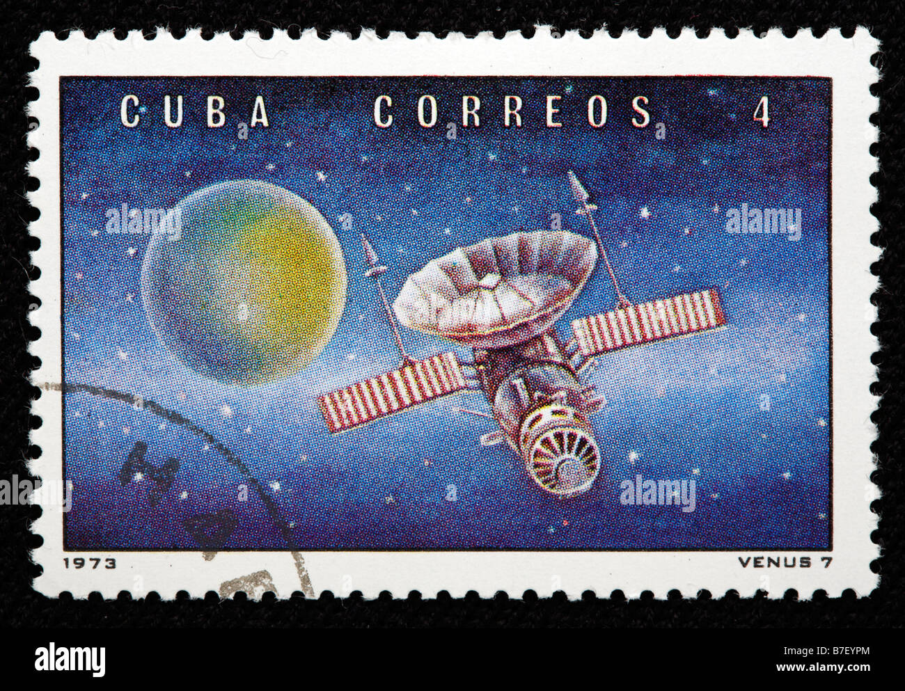 Soviet Venus orbital station "Venus 7", postage stamp, Cuba, 1973 Stock ...