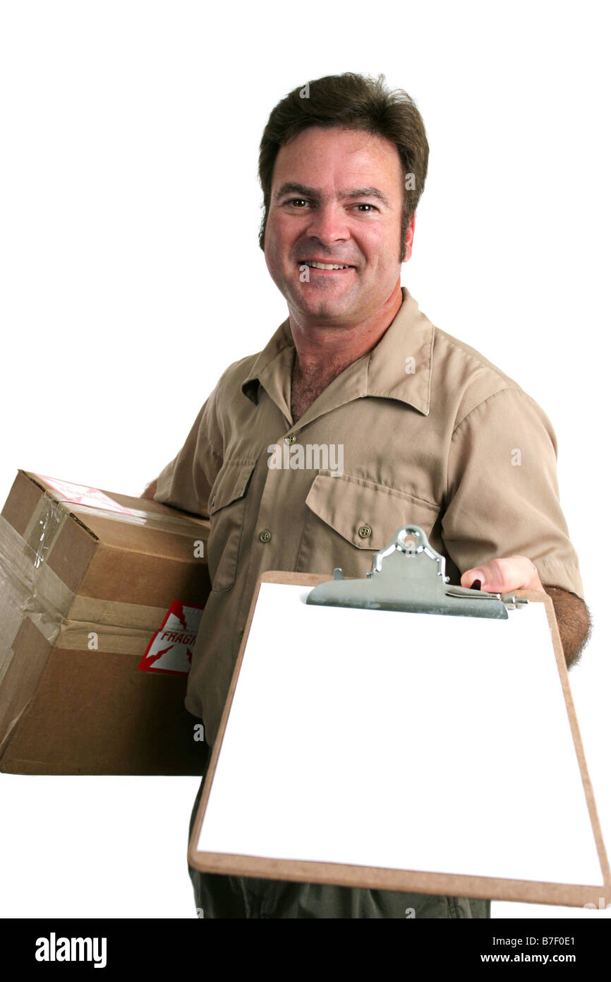 a delivery man bringing a package and holding out a clipboard Stock ...