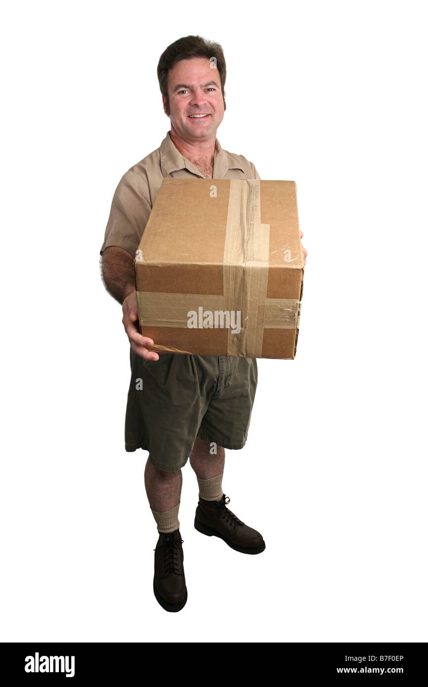 a full view of a courier delivering a package isolated Stock Photo - Alamy