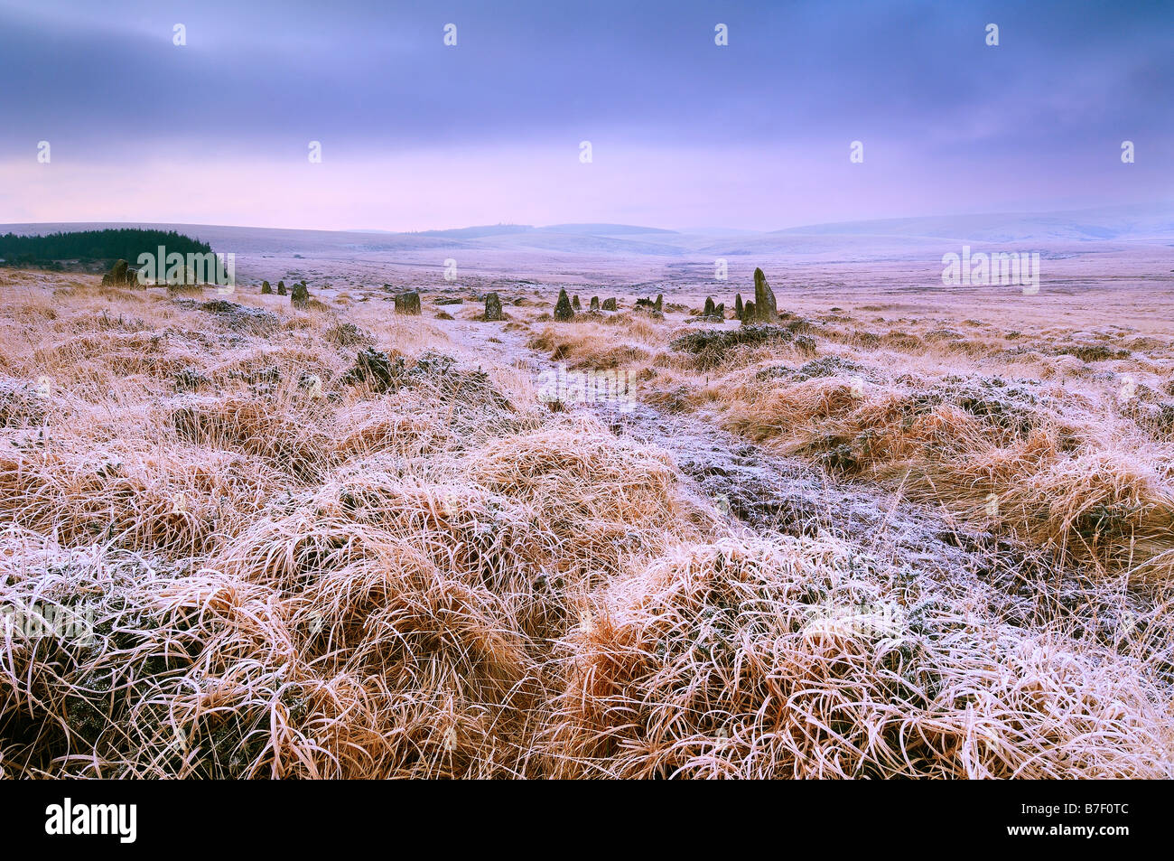 Looking towards Scorhill stone circle on Dartmoor National Park on a ...