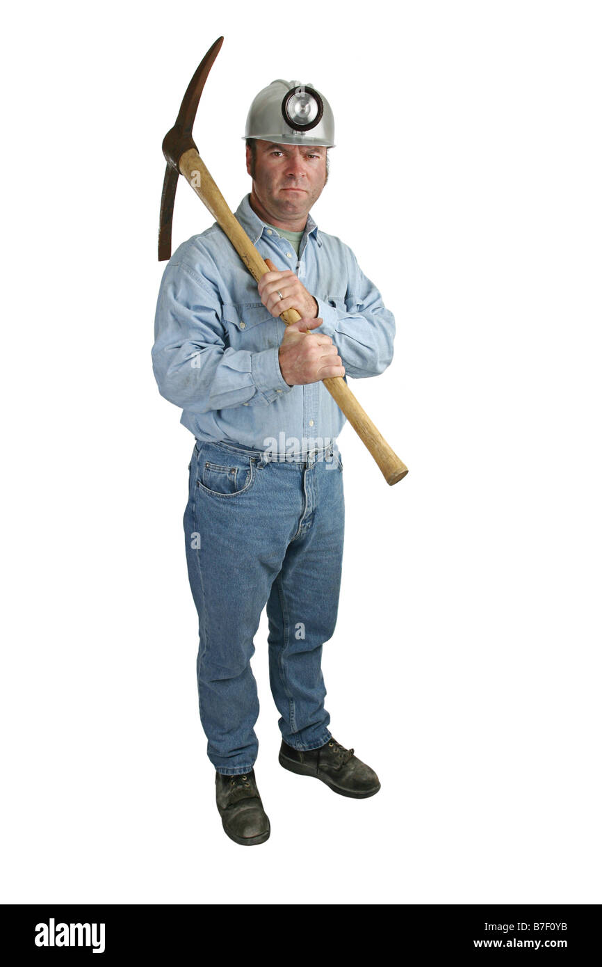 A full body view of a coal miner with a pick ax and an angry expression ...
