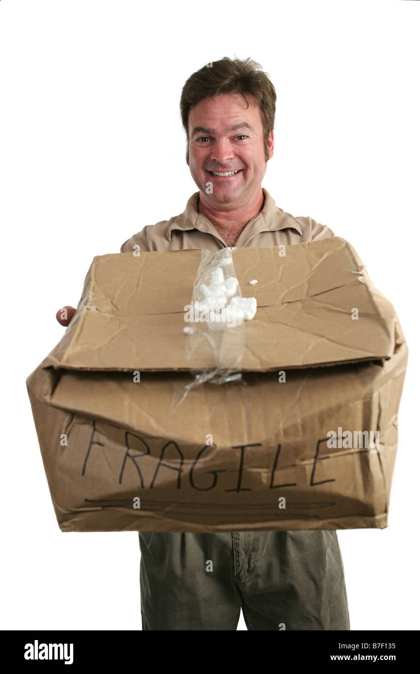 A delivery man holding a smashed package and trying to smile like there ...