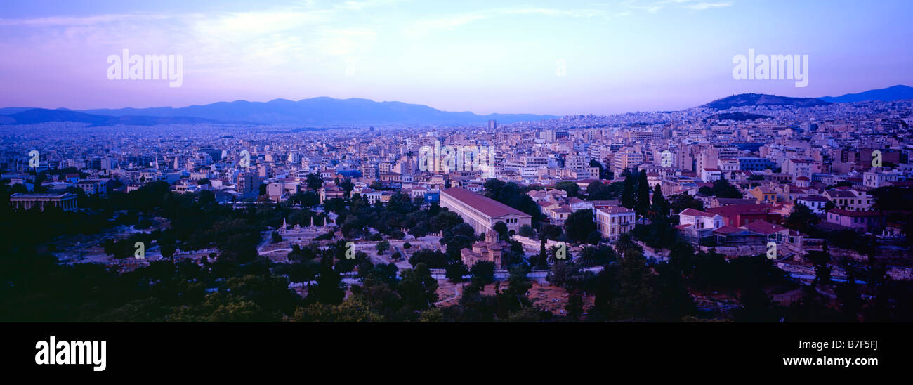 Aerial view of the ancient Agora with the modern city of Athens in the ...