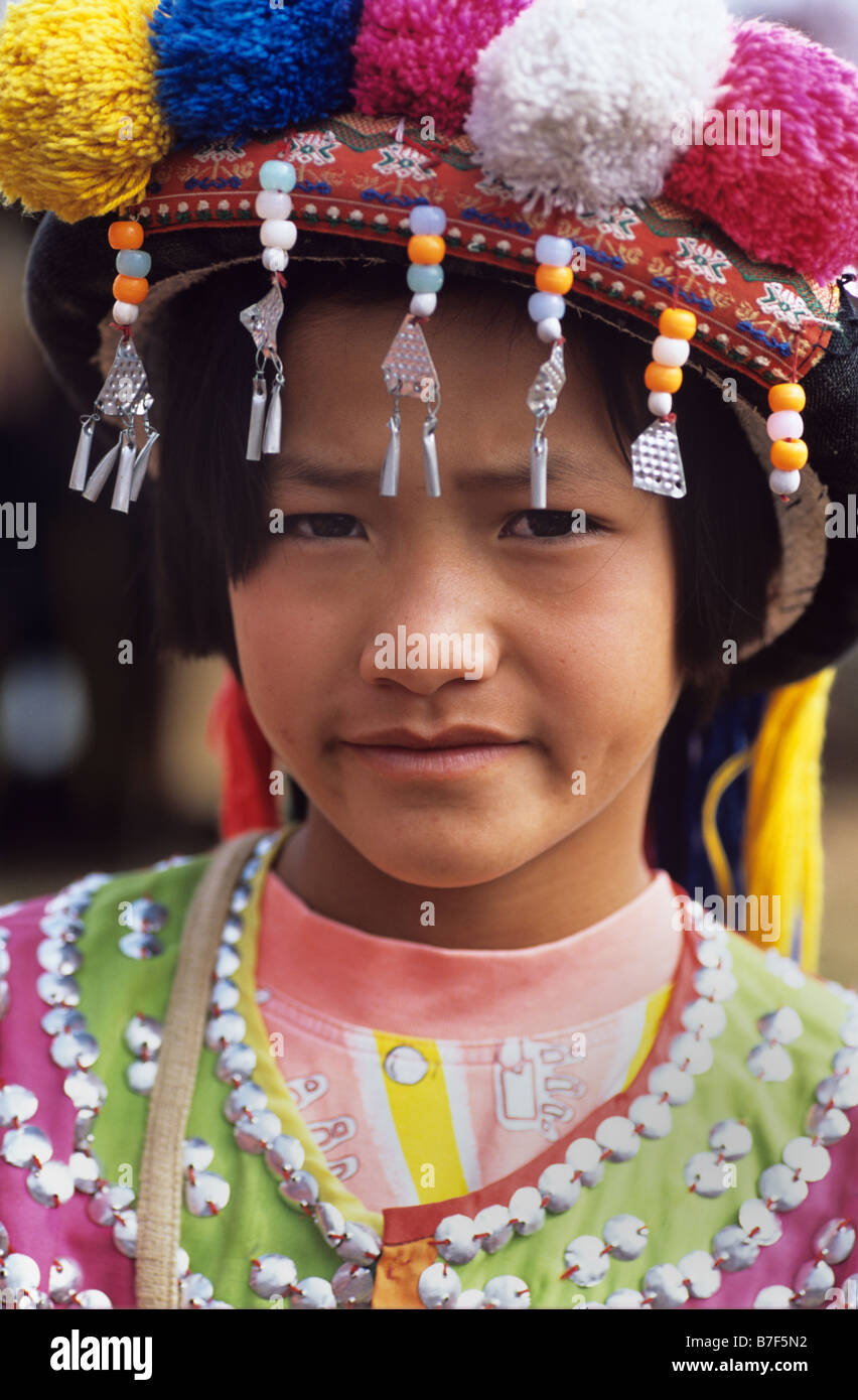 Portrait of a Lisu Girl, one of Thailand's Hill Tribes, wearing a ...