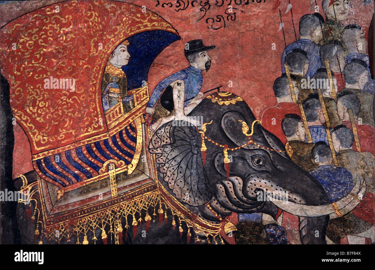 Thai Asian Elephant Used in Warfare & Soldiers, c19th Mural or Wall ...