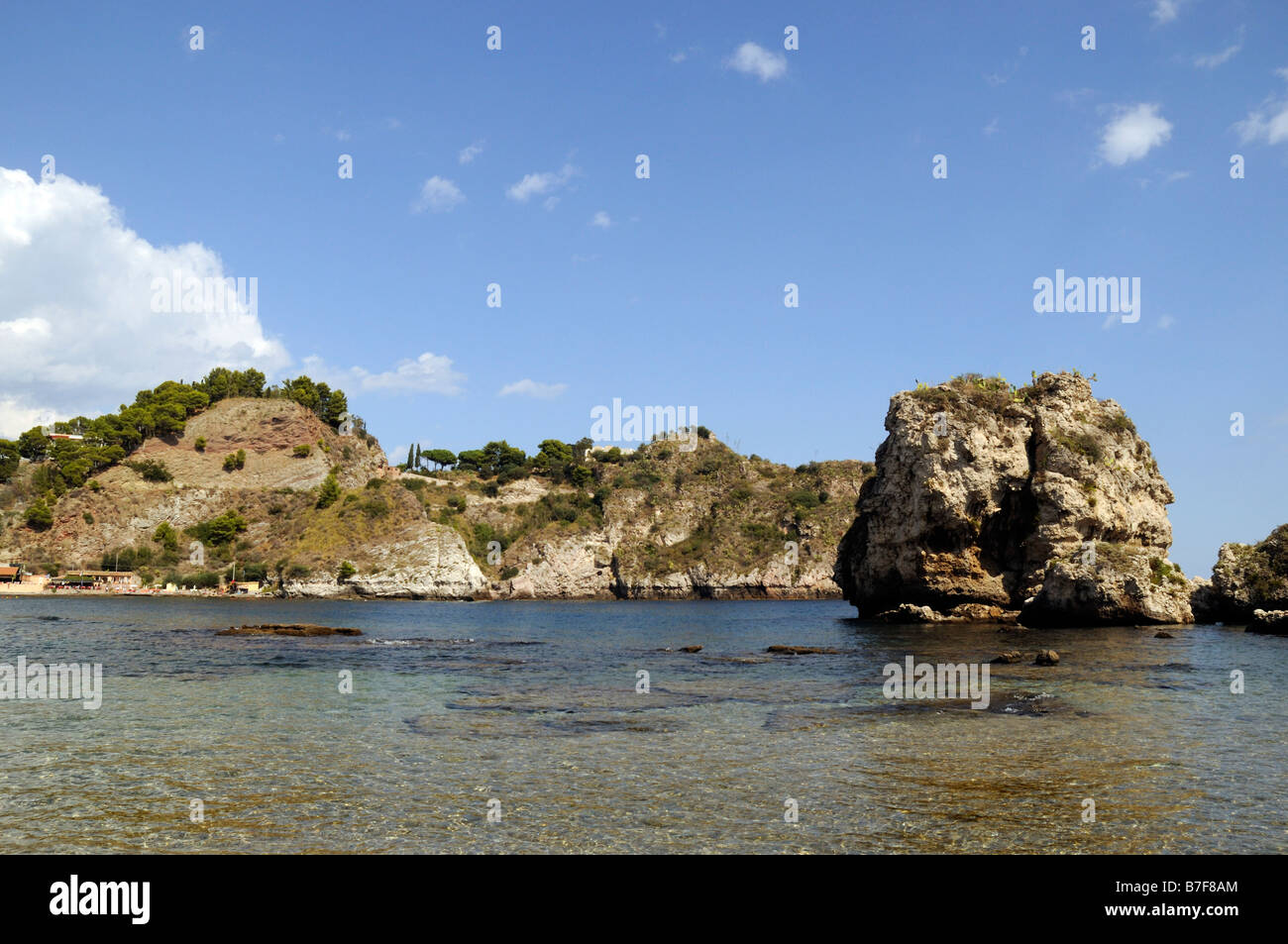 Taormina Mare or Mazzaro with Isola Bella and beach, Taormina, Sicily ...