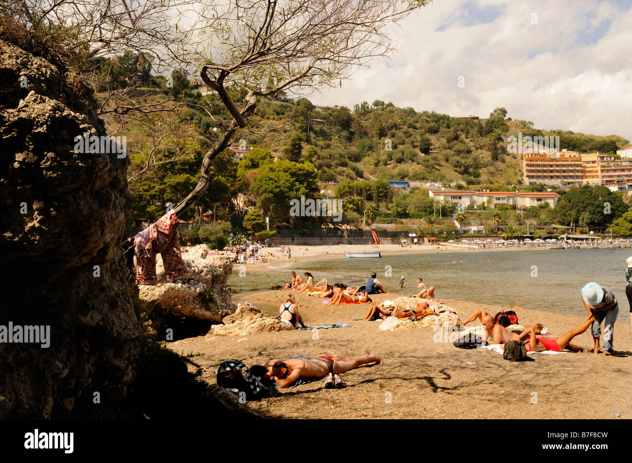 Taormina Mare or Mazzaro with Isola Bella and beach, Taormina, Sicily ...