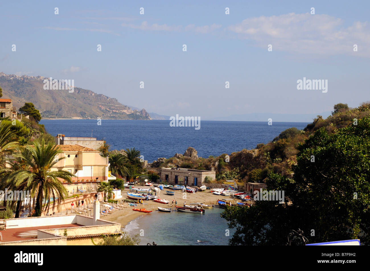 Taormina Mare or Mazzaro with Isola Bella and beach, Taormina, Sicily ...