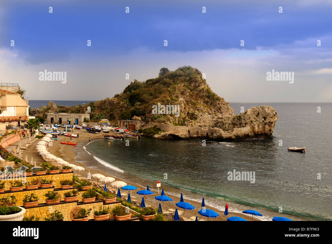 Taormina Mare or Mazzaro with Isola Bella and beach, Taormina, Sicily ...