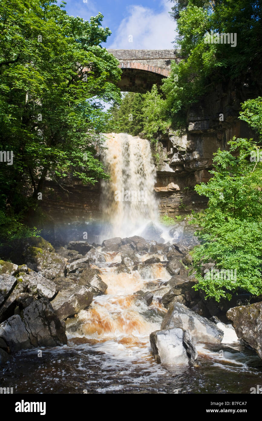 The peaty water of Ashgill Waterfall near Garrigill in Cumbria England ...