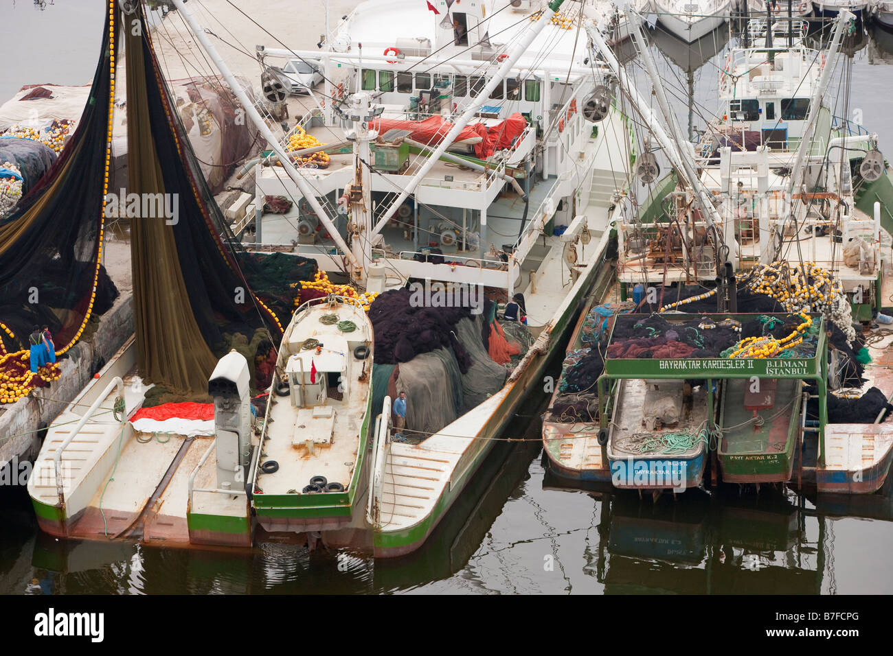 Aerial view of moored fishing boats Buyukcekmece Istanbul Turkey Stock ...
