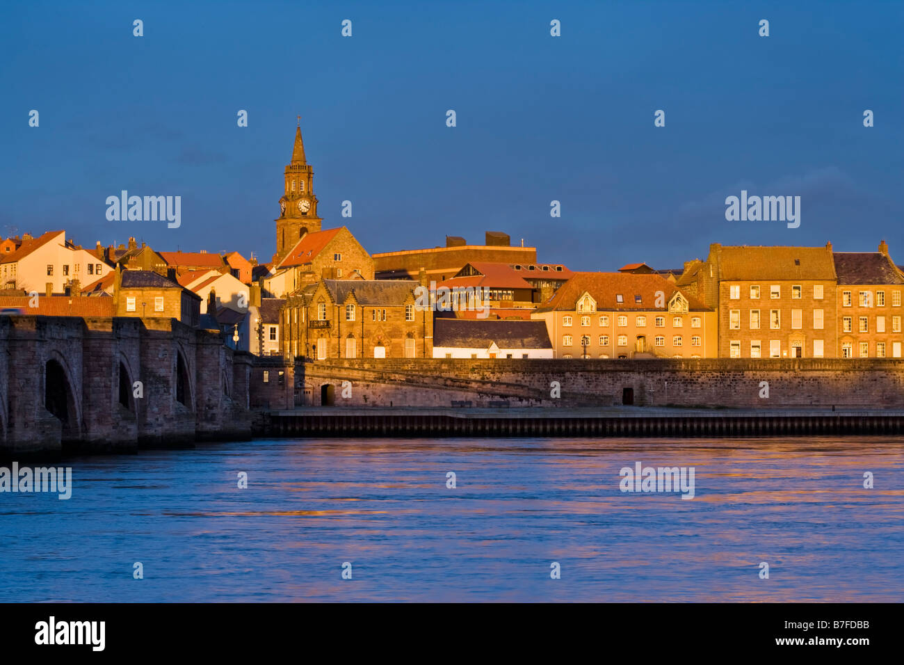 View of the town of Berwick-upon-Tweed and the clock tower of the Town ...