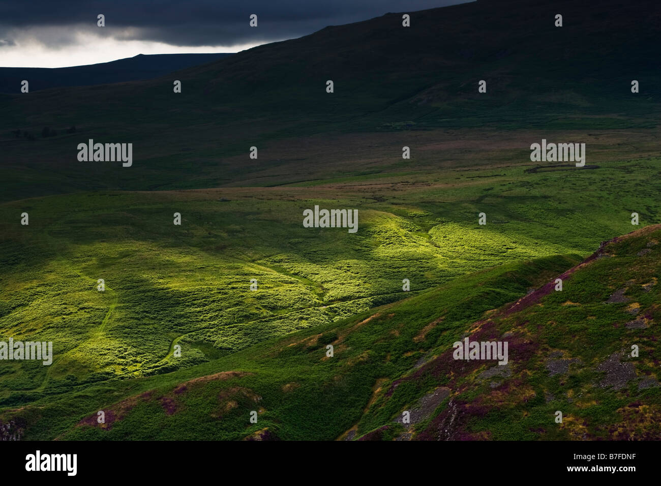 The hills of the Ingram Valley looking toward Cunyan Crag, spotlit by ...