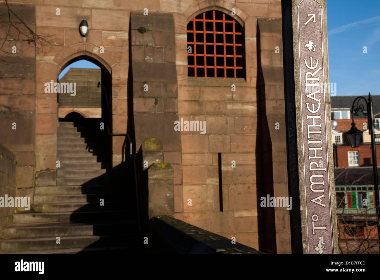 Chester amphitheatre sign with newgate bridge behind out of focus Stock ...