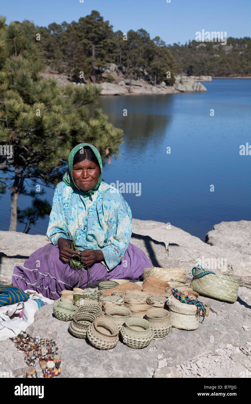 Tarahumana indian woman lake Creel Copper Canyon Chihuaua Mexico Stock ...