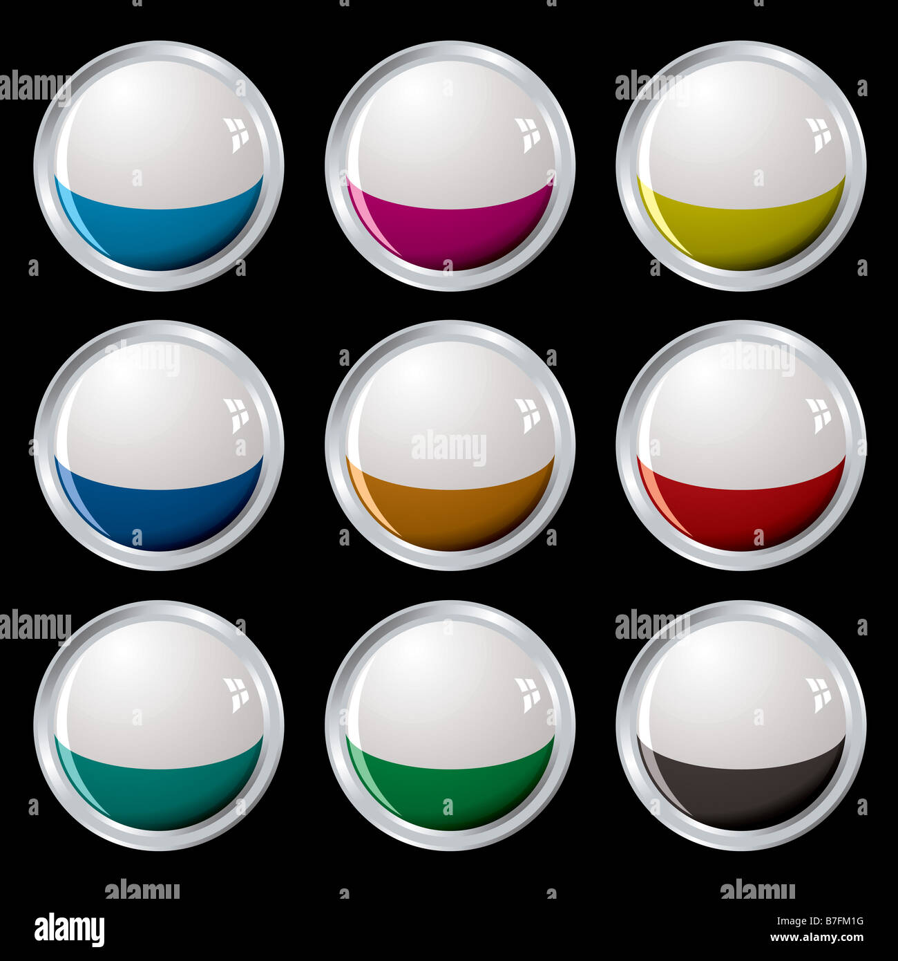 Nine colourful buttons with white tops and silver bevel Stock Photo - Alamy