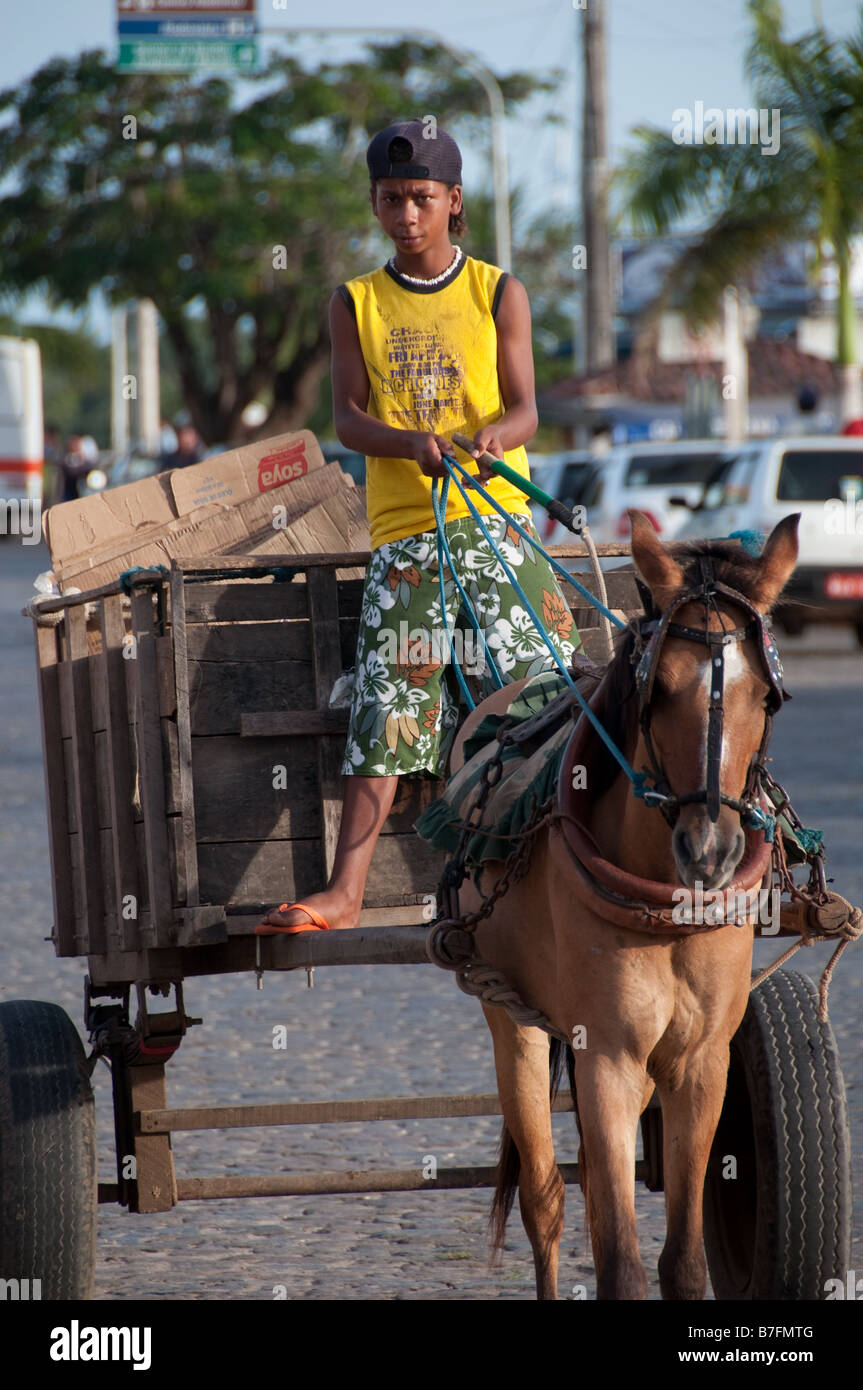 Boy carrying waste on a cart pulled by a horse Penedo is an old ...