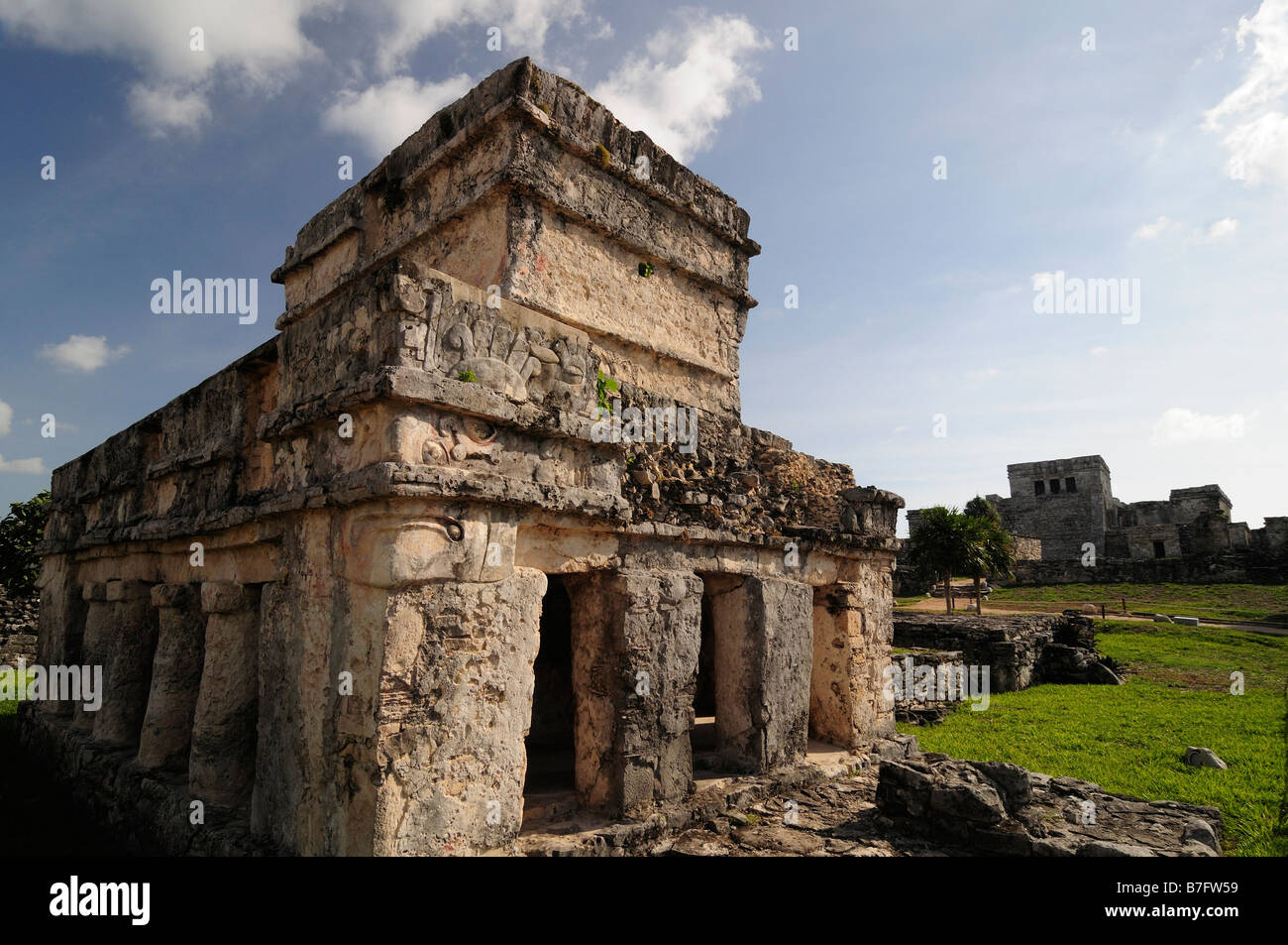 Tulum Mayan ruins, rain god chac on outer wall of temple Stock Photo ...
