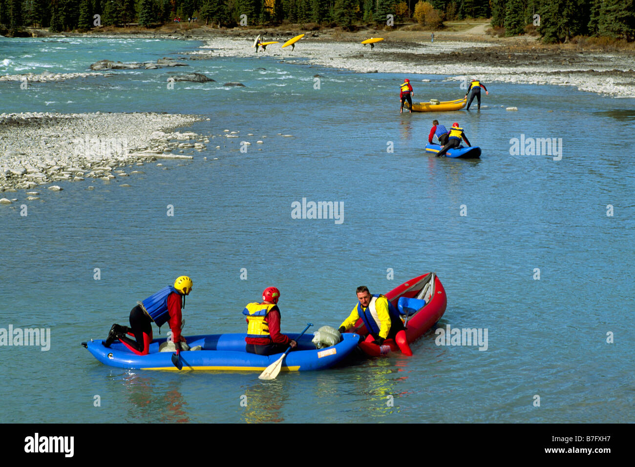 Tourists launching Rafts for White Water Rafting on Athabasca River in ...