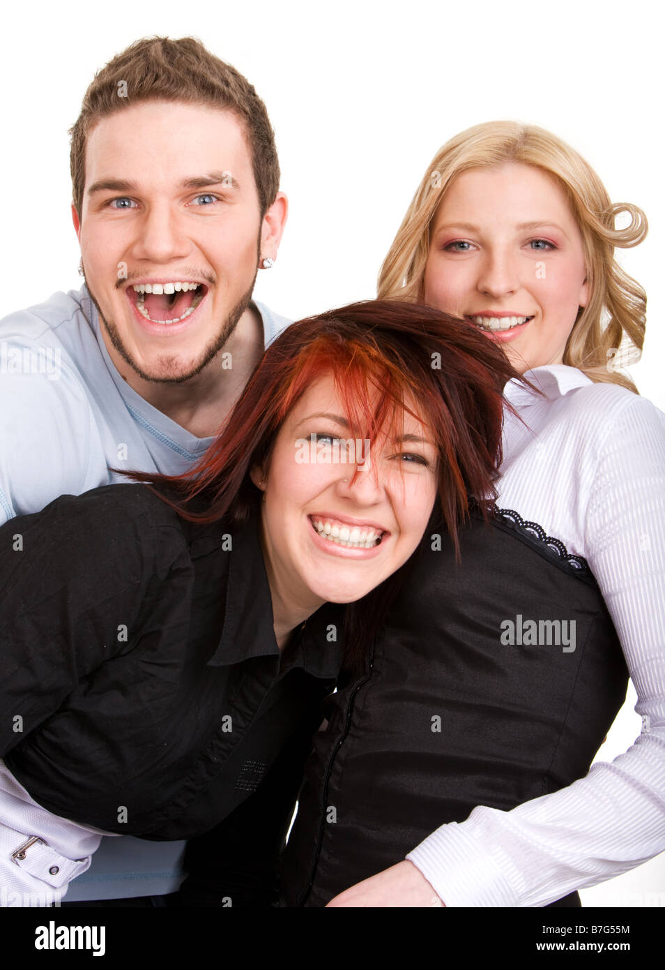 Happy three friends on isolated white background Stock Photo - Alamy