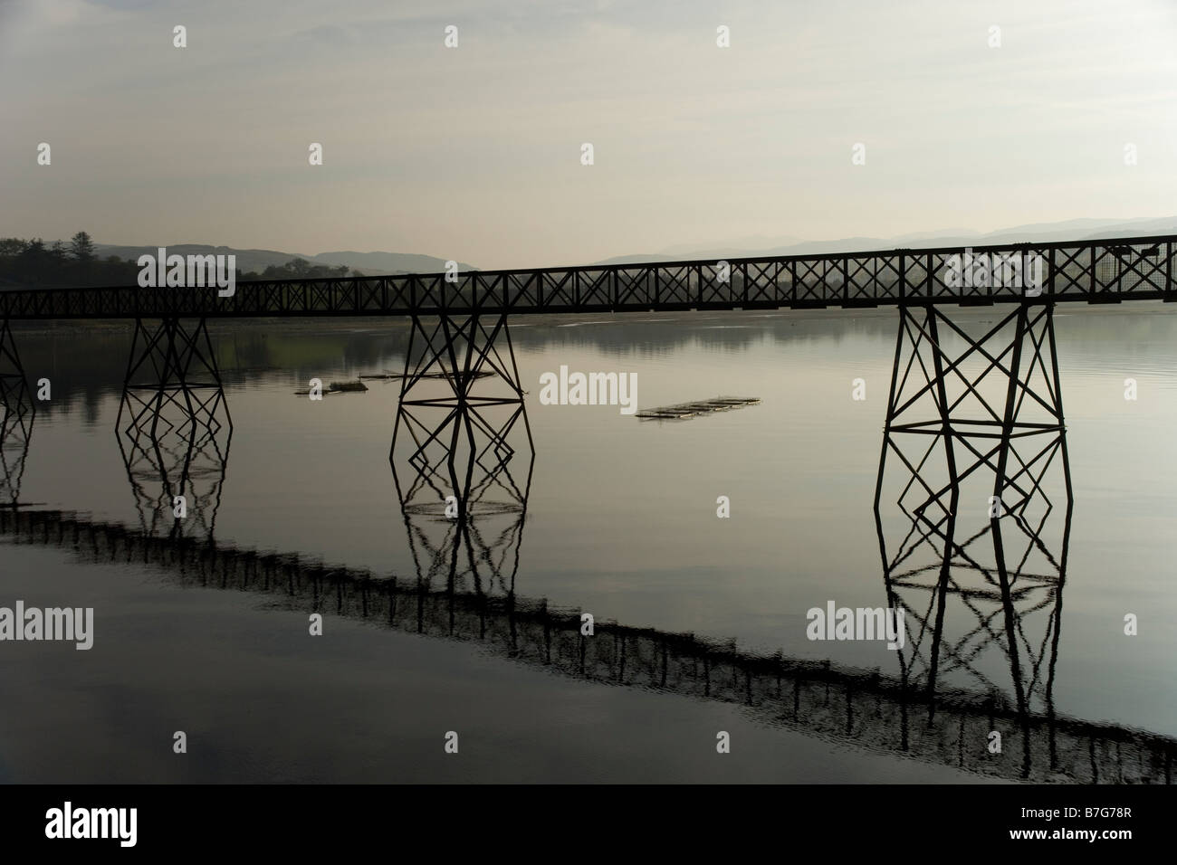 Foot bridge over Llyn Trawsfynydd from the village of Trawsfynydd ...