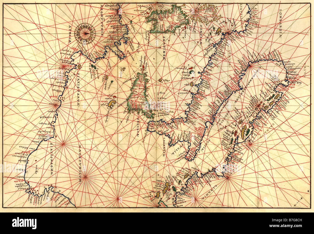 Portolan Map of Italy, Sicily, North Africa & the Mediterranean Stock ...