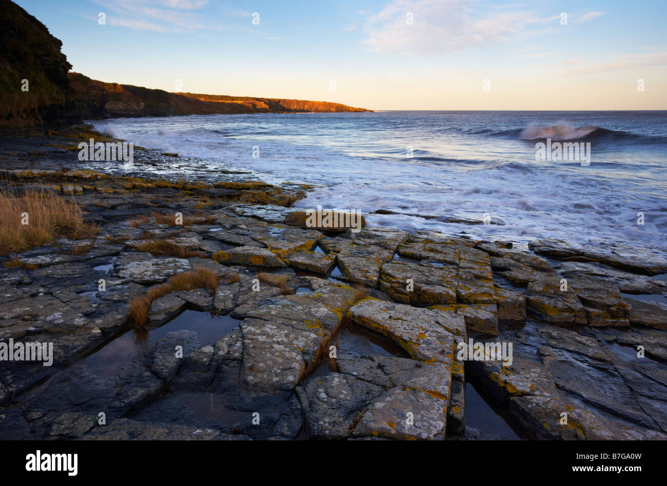 A winter evening at high tide at Howick on the Northumberland Coast ...