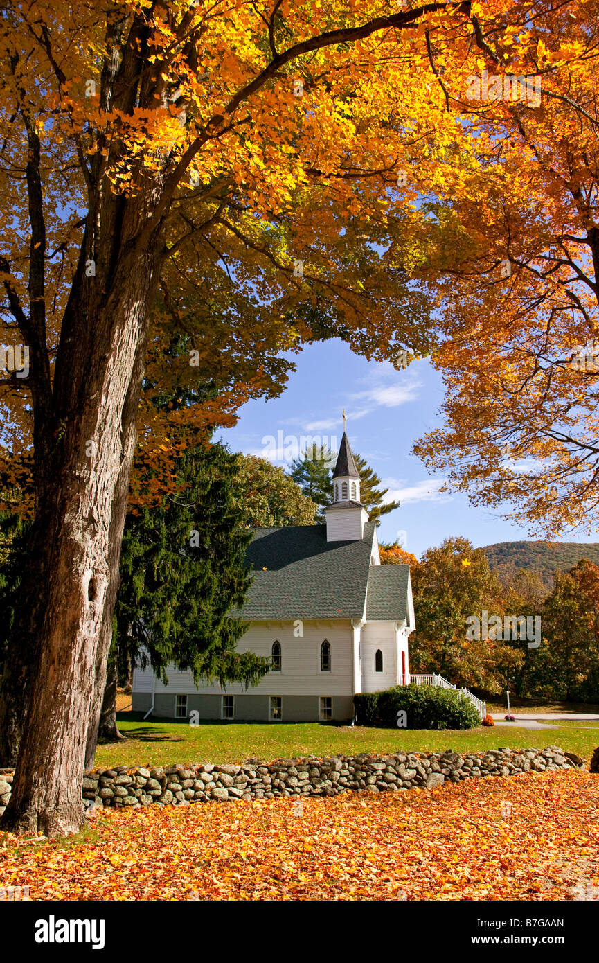 Fall foliage frames a small country church in New England Stock Photo ...