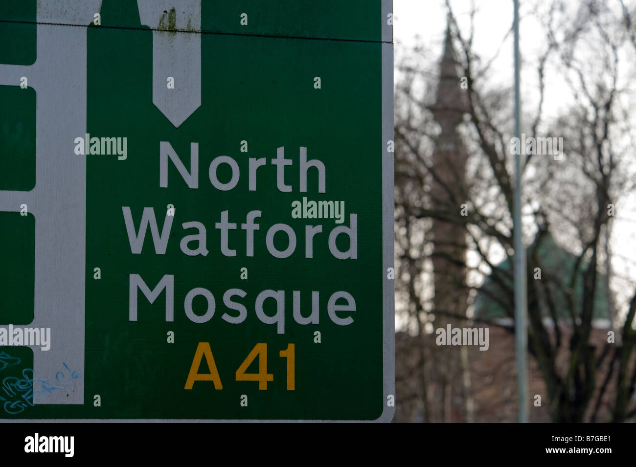 A road sign indicated where the North Watford mosque is with the mosque ...