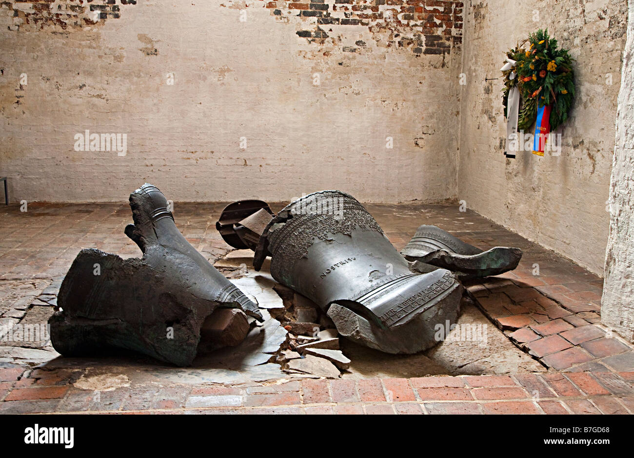 Broken bell at base of shaft destroyed during bombing raid in Second World War Marienkirche St ...
