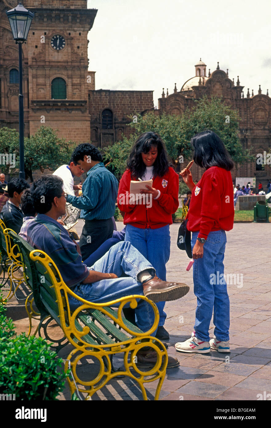 Peruvian students, conducting interview, Plaza de Armas, capital city ...