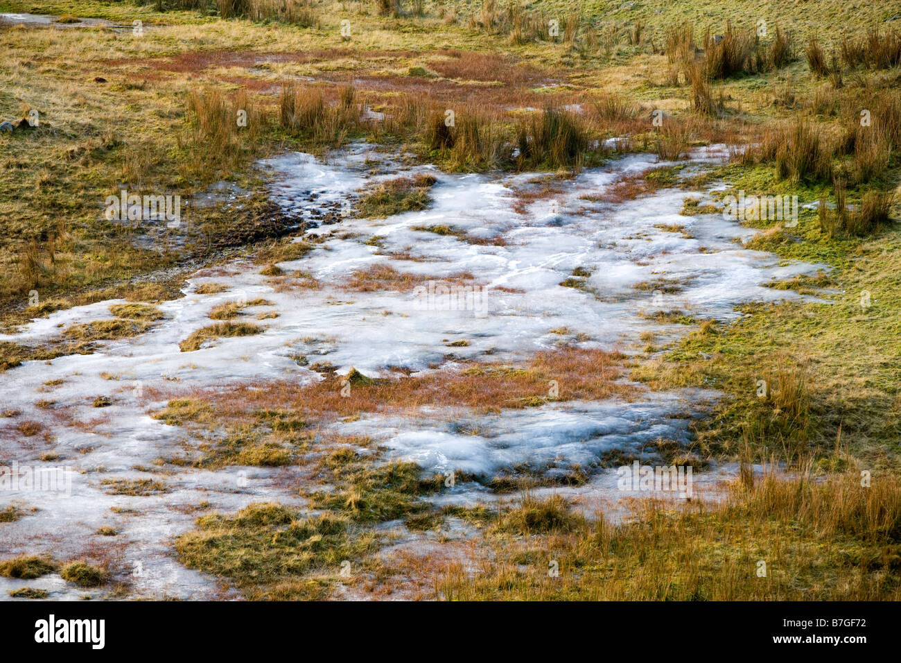 Icy ground caused by a period of freezing weather in the Lake District ...