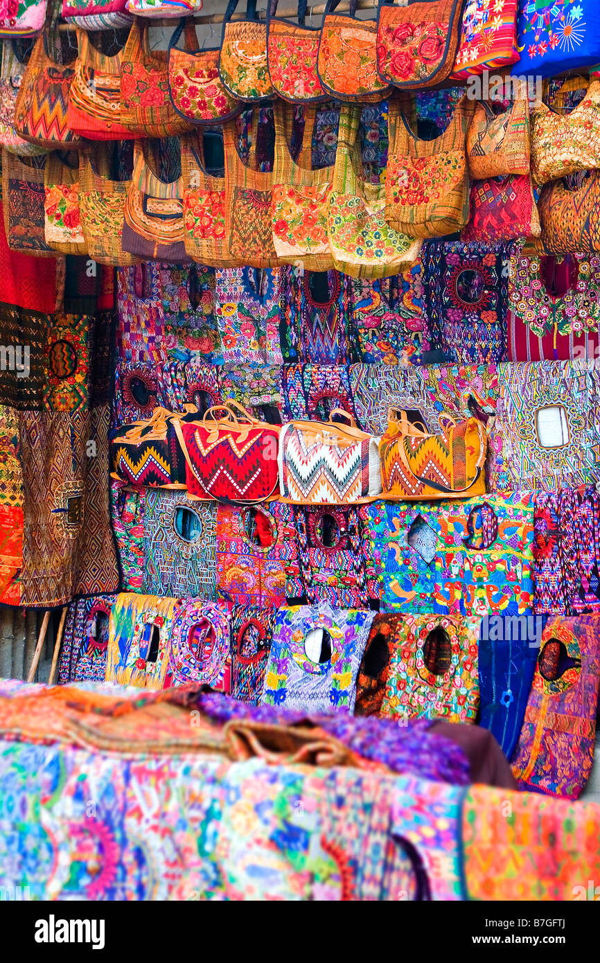 Colorful handmade Mayan textiles for sale at market in Santiago Atitlan ...