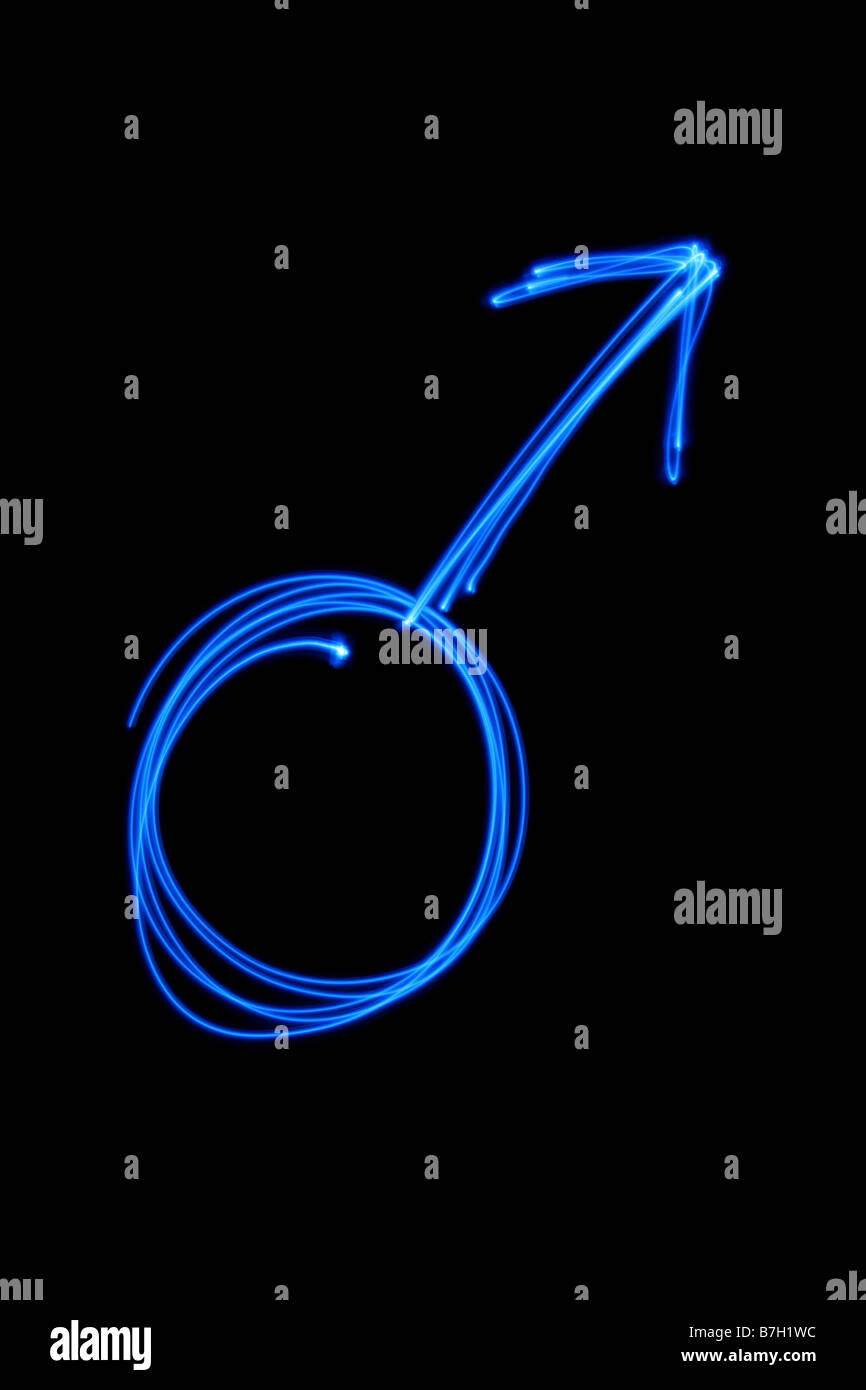 Light painting of the Male symbol in blue on a black background Stock ...
