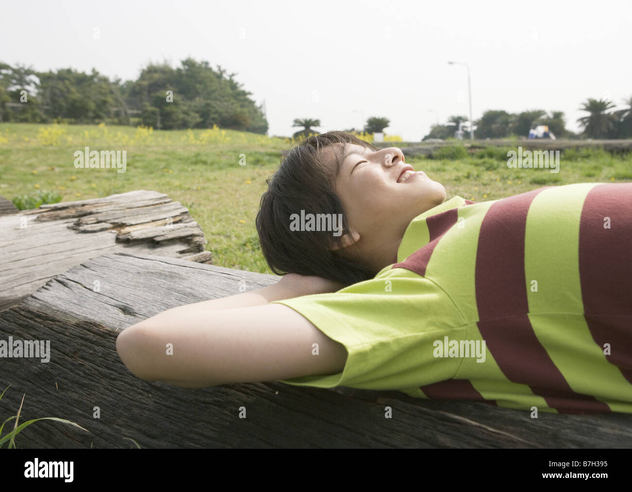 Boy taking a nap on the lying tree in the field Stock Photo - Alamy
