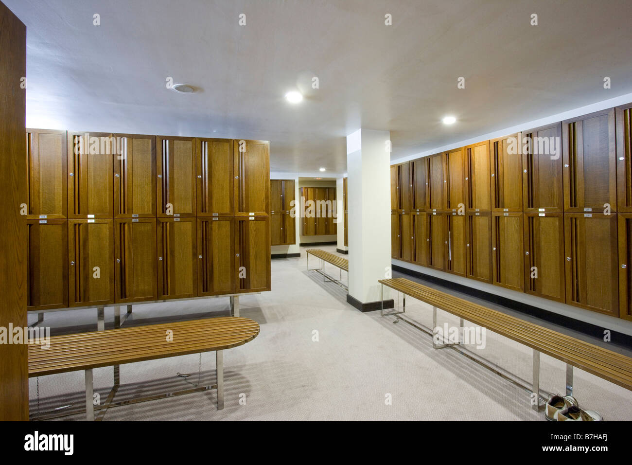 Wooden lockers in changing room at the Mclundie hotel in Southern Spain ...