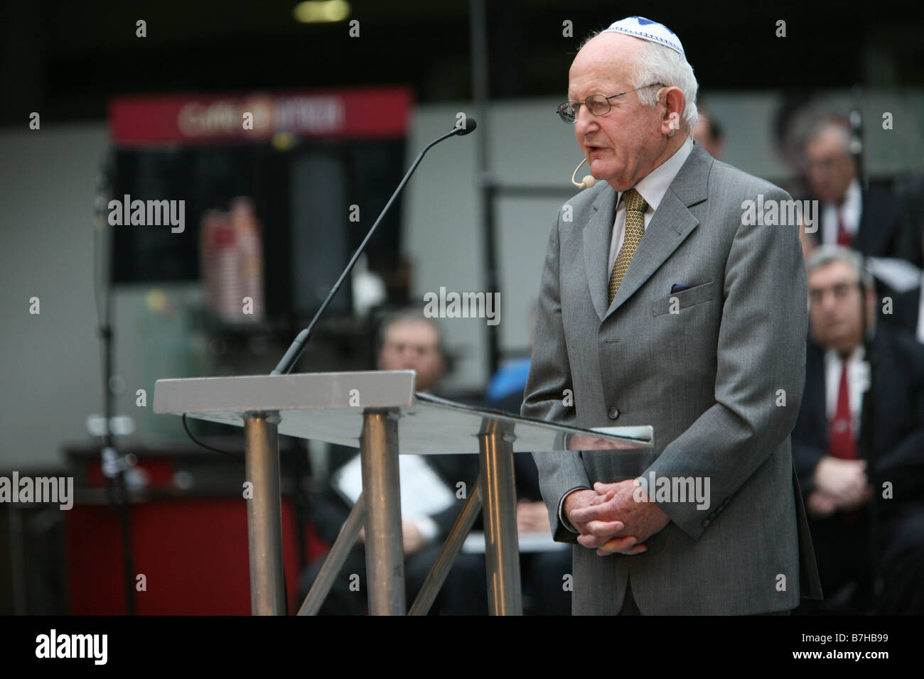 Holocaust survivor Jack Kagan giving a speech at the holocaust memrial ...